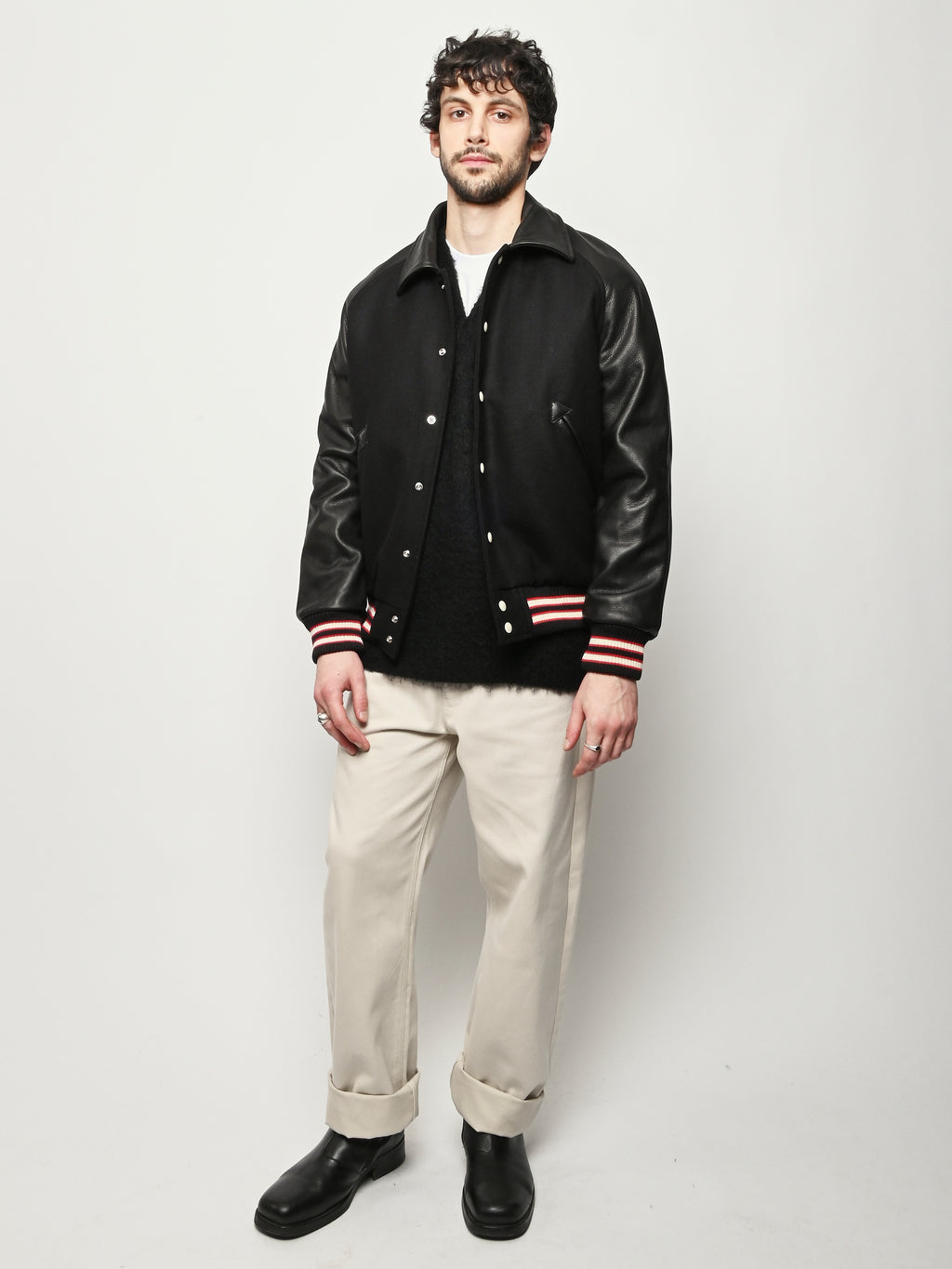 Dehen 1920 - Black Melton Wool/Black Leather Byron Collar Varsity ...